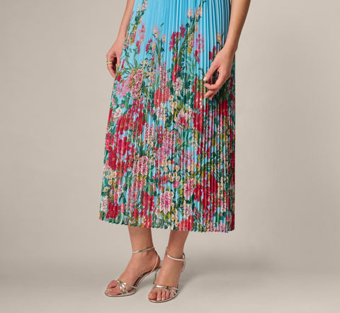 Pleated Wildflower Border Midi Dress In Light Blue Multi - Adrianna Papell