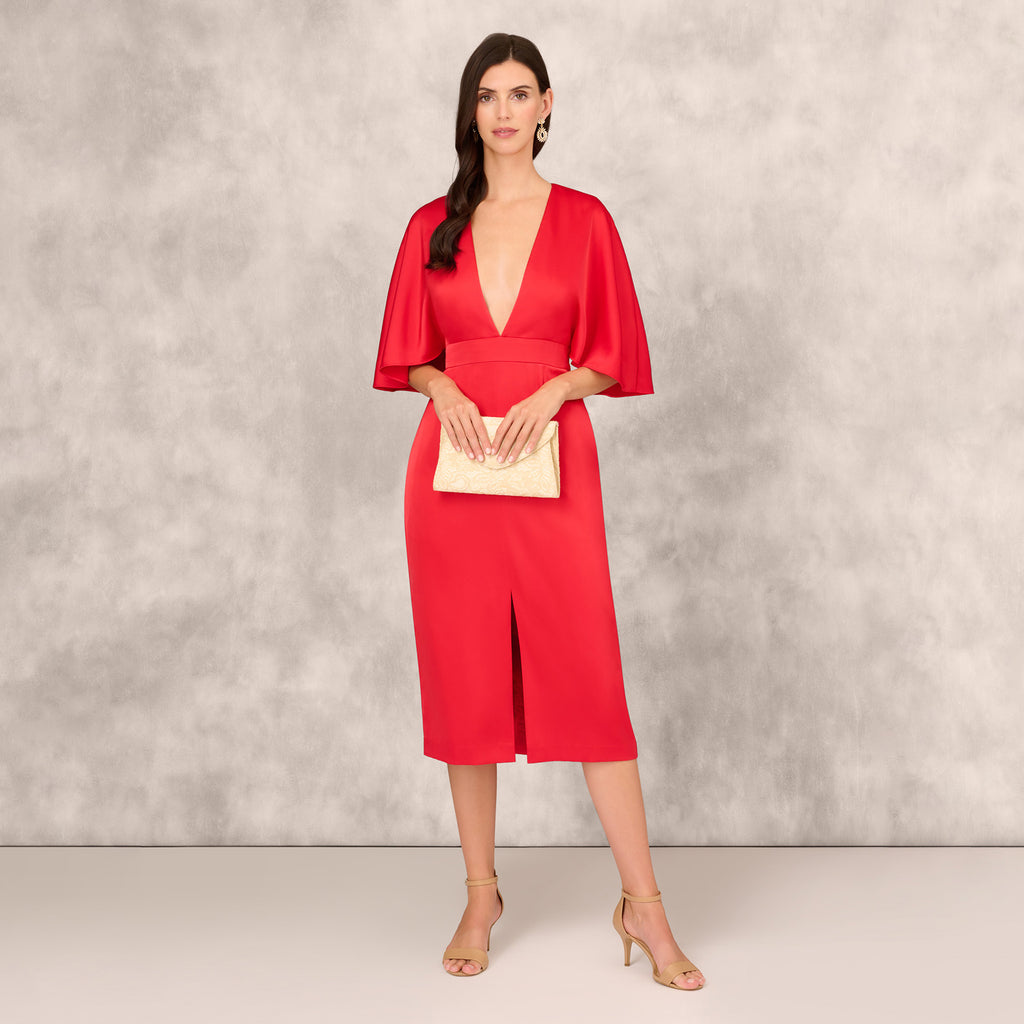 Crepe Back Satin Midi Dress With Flutter Sleeves In Chateau Red ...
