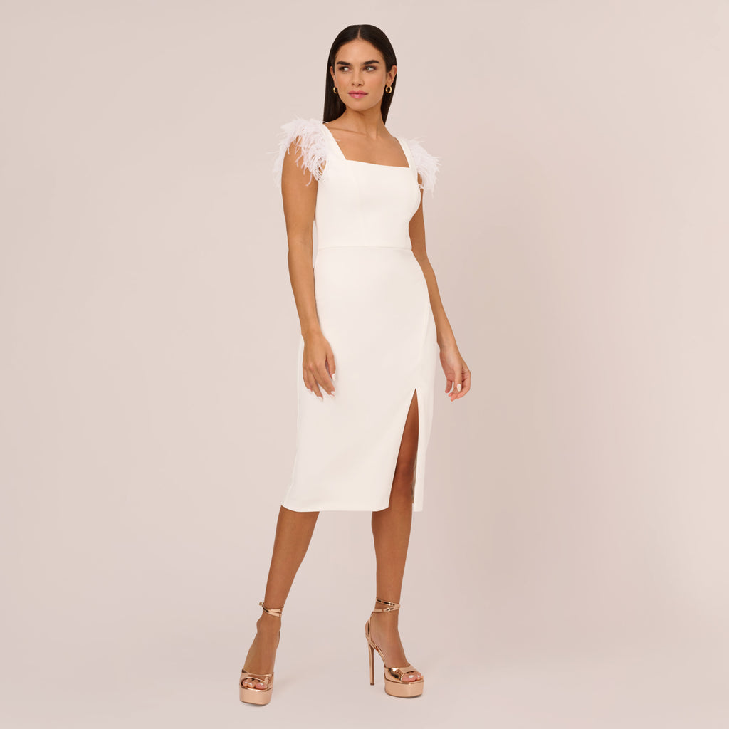 Knit Crepe Midi Dress With Feather Shoulder Accents In Ivory | Adrianna ...