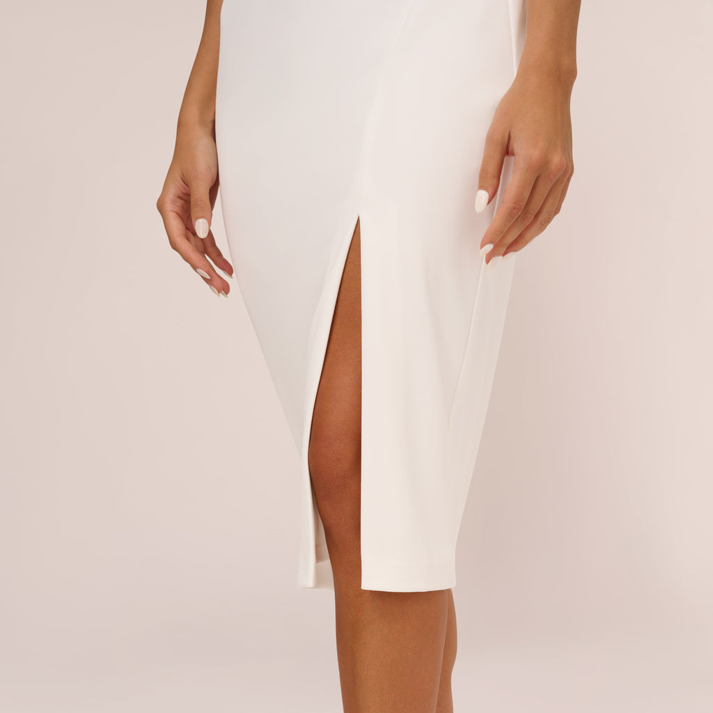 Knit Crepe Midi Dress With Feather Shoulder Accents In Ivory | Adrianna ...