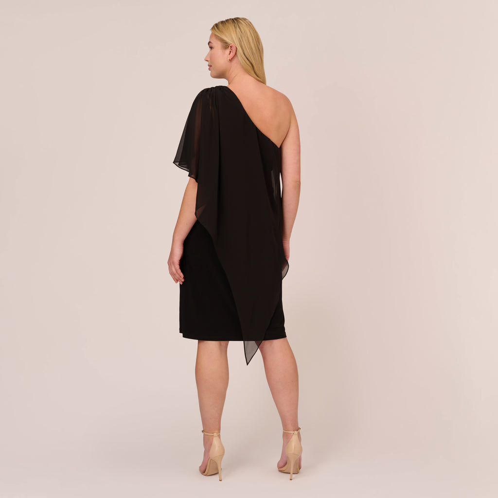 Plus Size One Shoulder Dress With Chiffon Cape In Black | Adrianna Papell