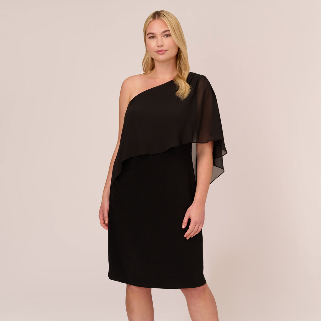 Plus Size One Shoulder Dress With Chiffon Cape In Black | Adrianna Papell