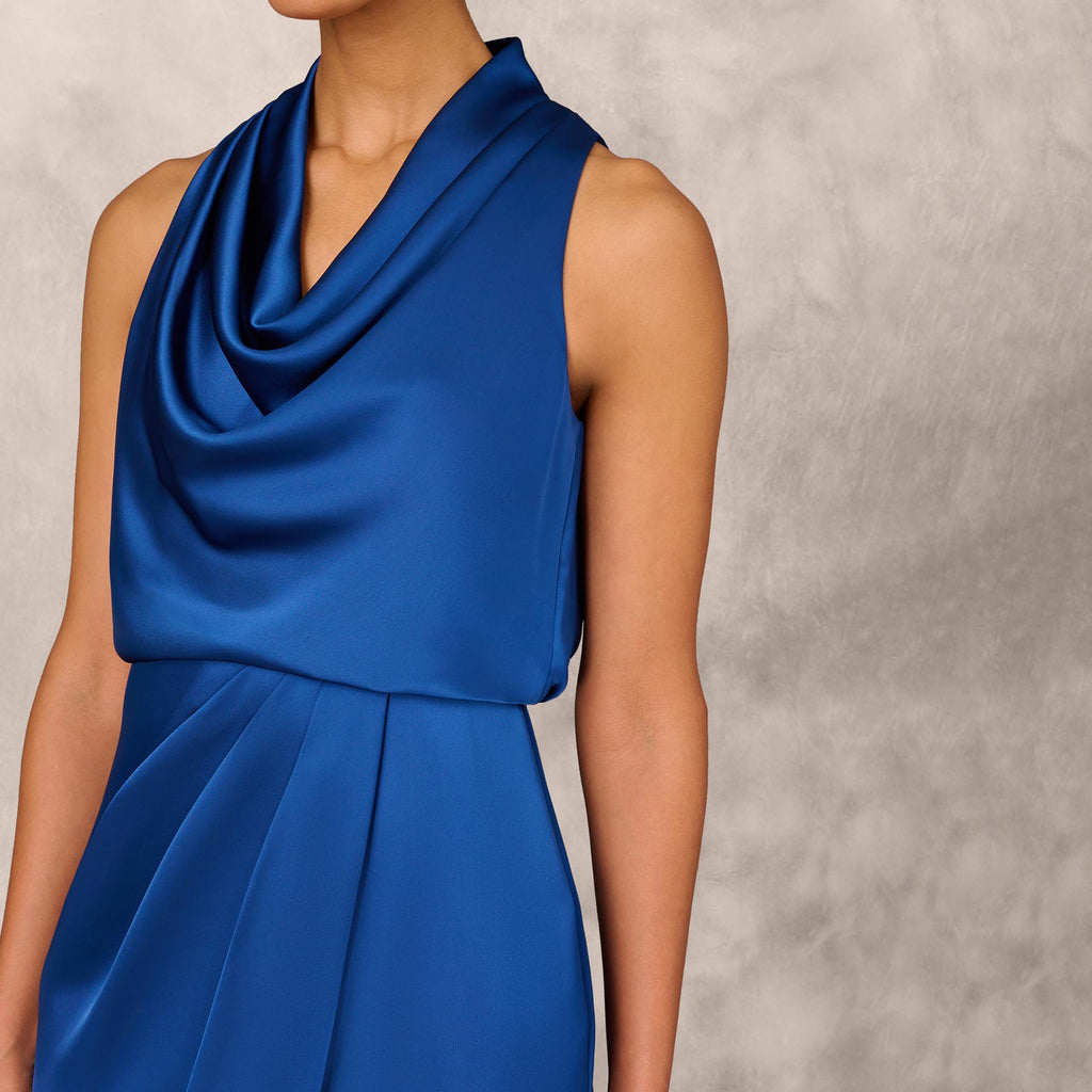 Cowl Neck Cocktail Dress With Front Draped Skirt In Deep Ocean ...